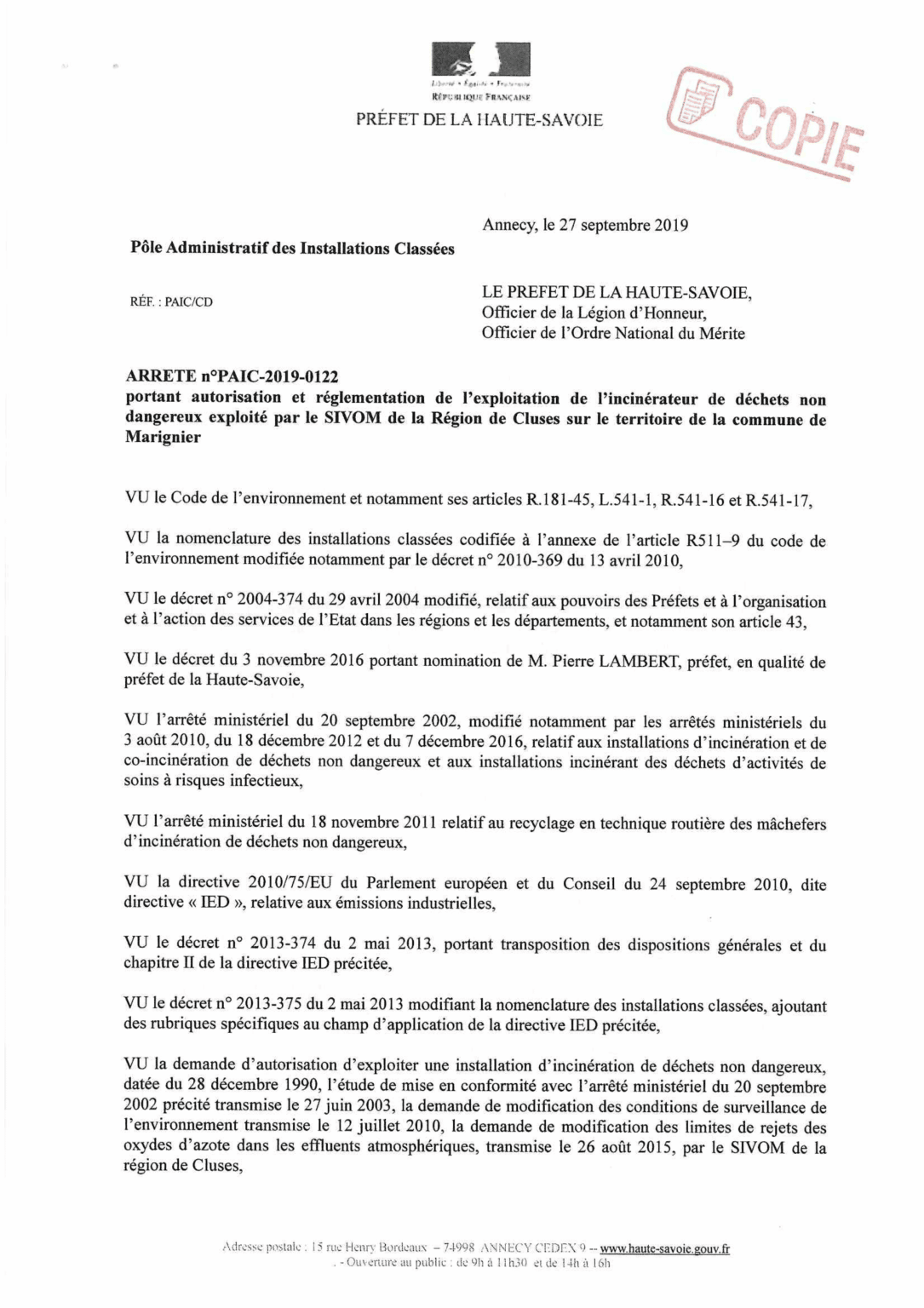 Arrêté préfectoral - Sydeval